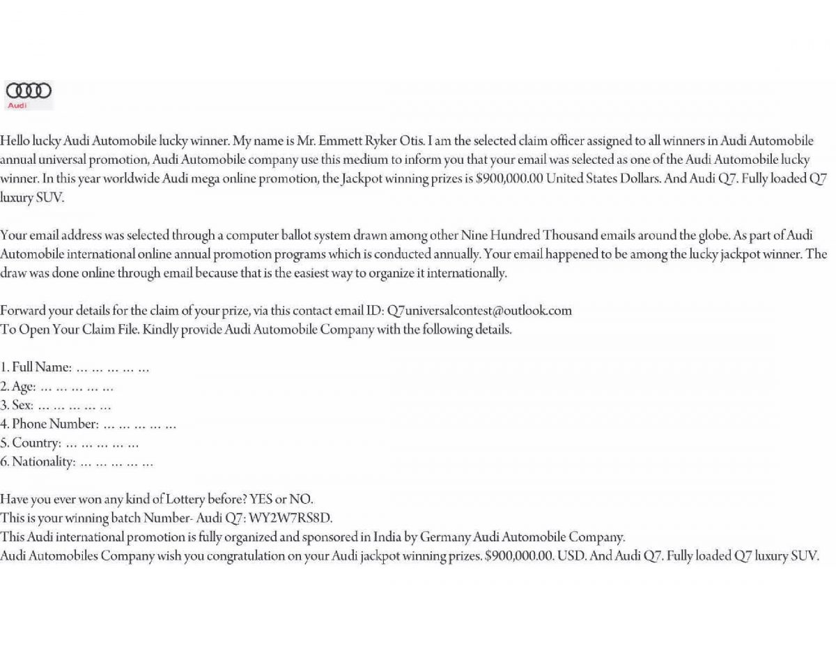 Scam Alert: Phishing Emails About Winning an Audi – Versatileer